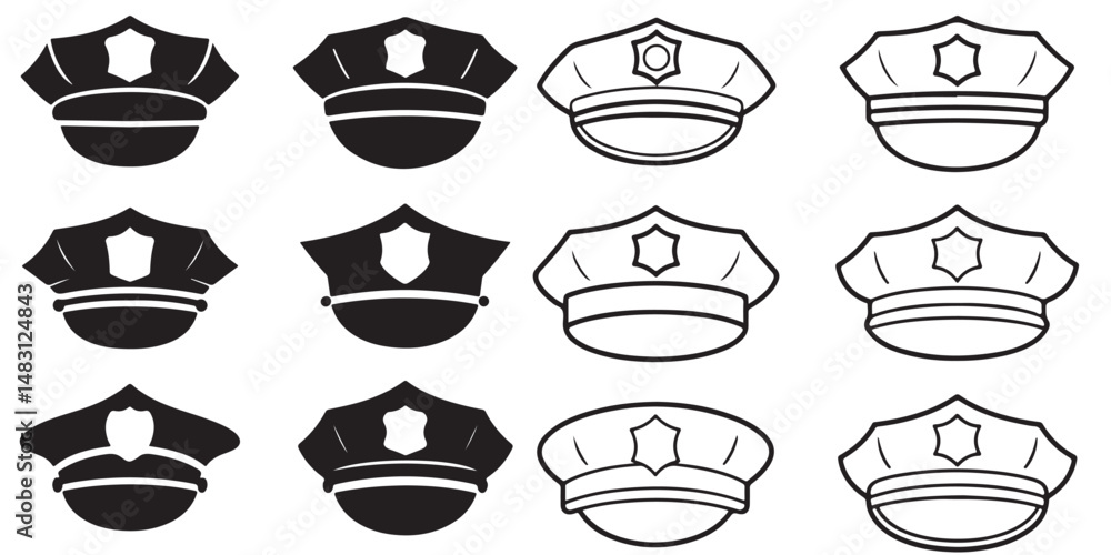 Vetor Police Officer Hat Icons, Police Officer Head Silhouettes in ...