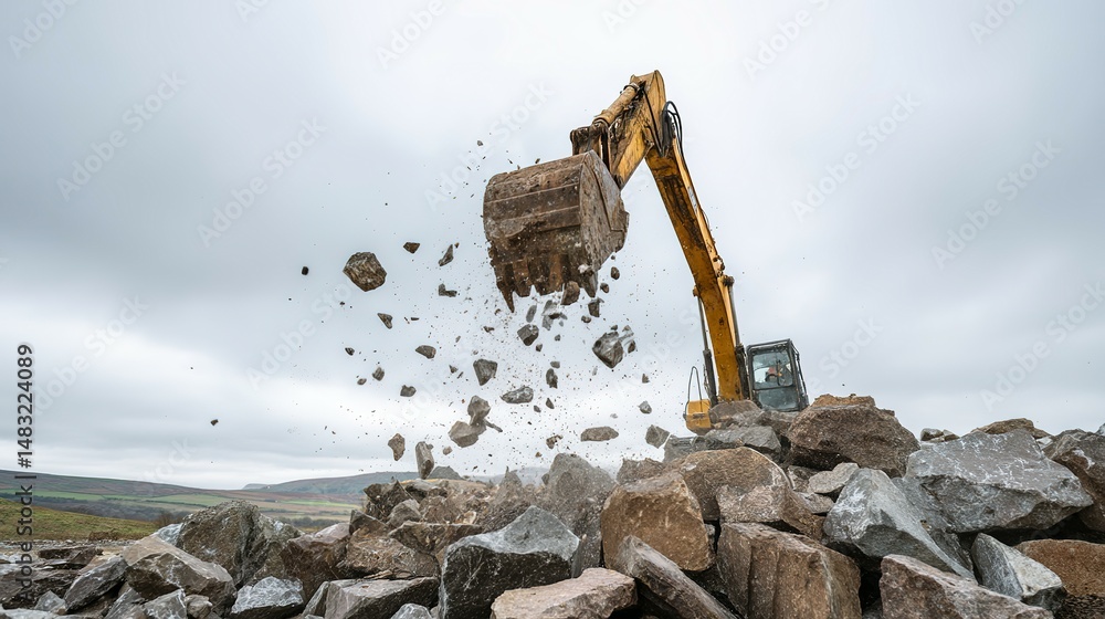 Powerful excavator lifting and discarding large rocks. Stock ...