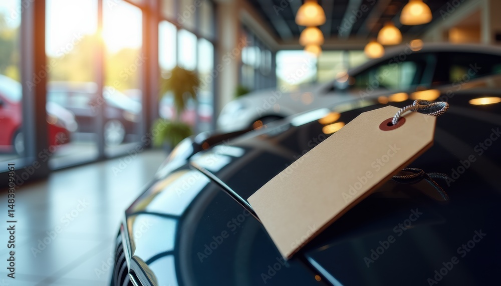 Car price tag placed on sleek vehicle in modern showroom Stock Photo ...