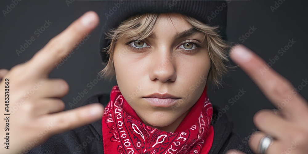 young generation alpha street gang member throwing gang sign - Stock ...