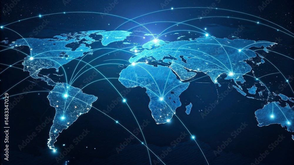 World map on a technological background, glowing lines symbols of the ...