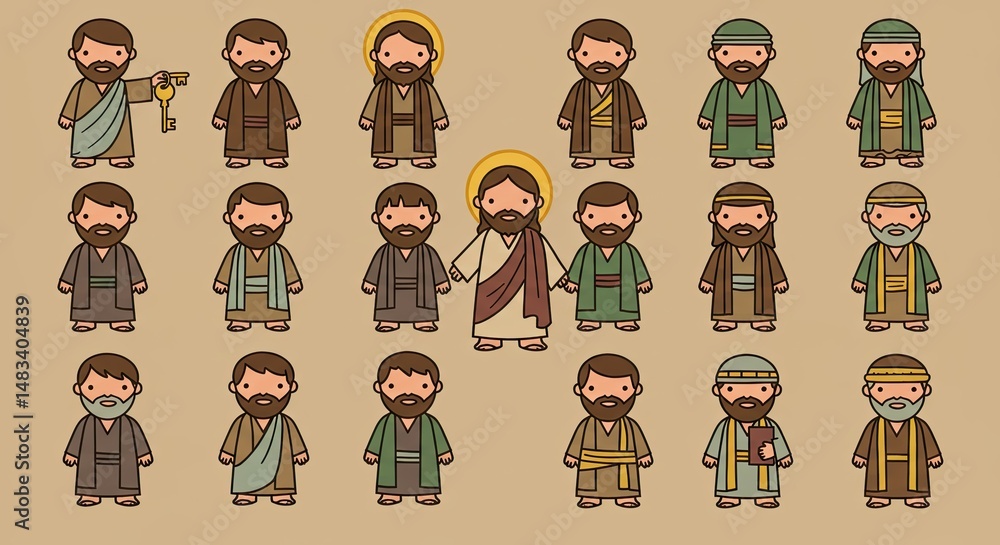 Cartoon illustration of Jesus with his twelve disciples, religious ...