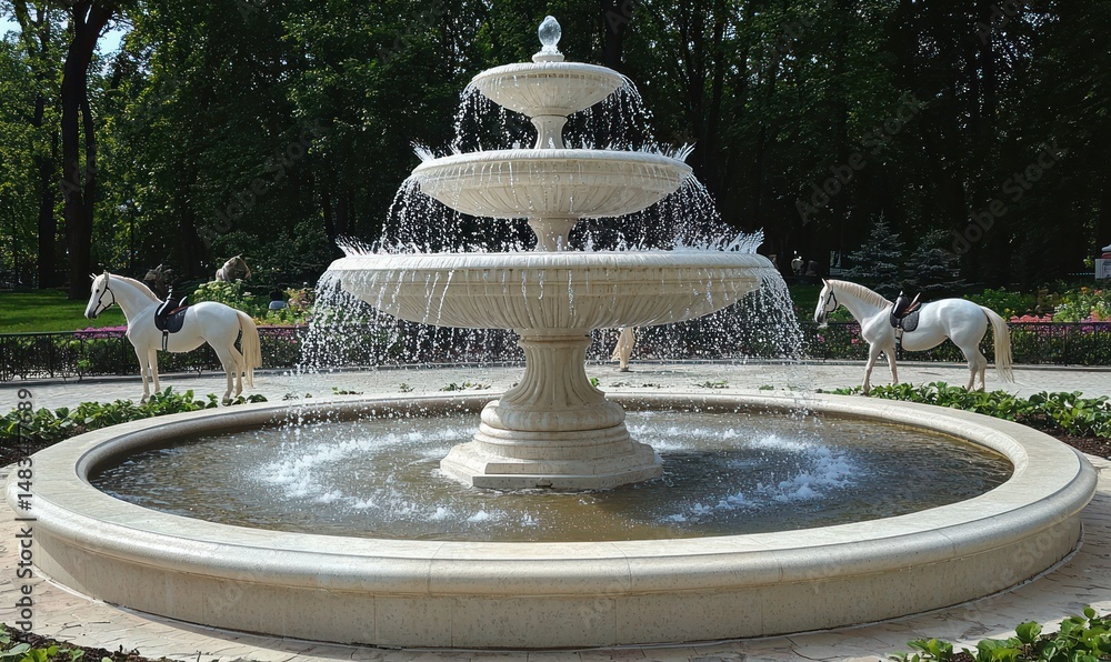 Elegant tiered fountain cascades water into a circular basin, flanked ...