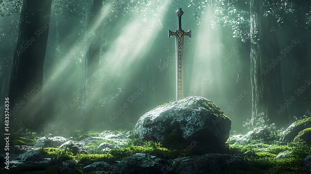 Excalibur sword embedded in an ancient stone, glowing runes on the hilt ...