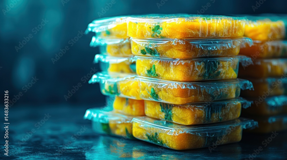 Stack of pre-portioned, ready-to-eat, orange food containers Stock ...