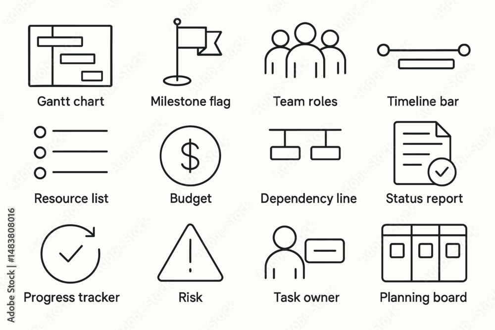 Project management icons: gantt chart, milestone, team roles, timeline ...