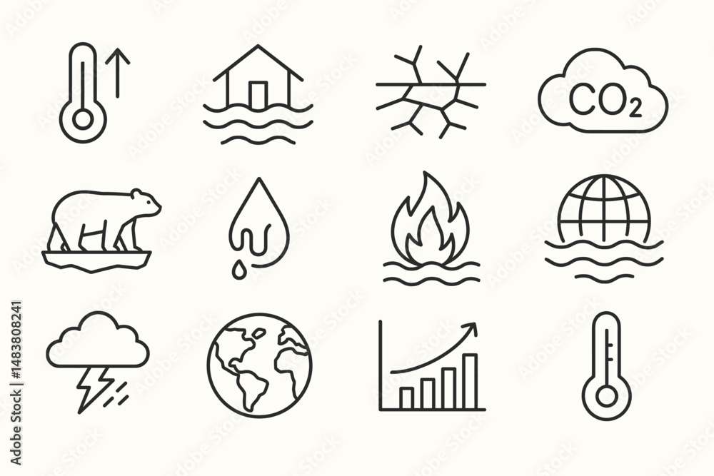 Climate change icons: global warming, rising sea levels, drought, co2 ...