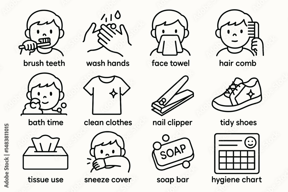 Daily hygiene routine icons: brushing, washing, grooming for kids Stock ...