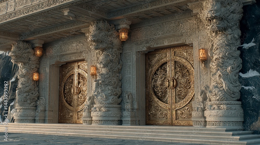 Ornate Golden Doors with Intricate Carvings and Mythical Creatures ...