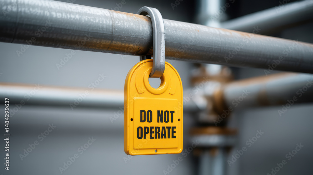 Do not operate safety tag hanging on metal pipe in industrial power ...