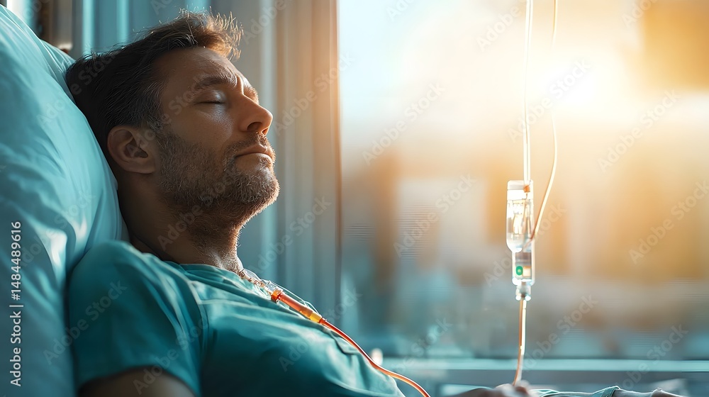 Detailed shot of a hospital room showing a patient resting while an IV ...