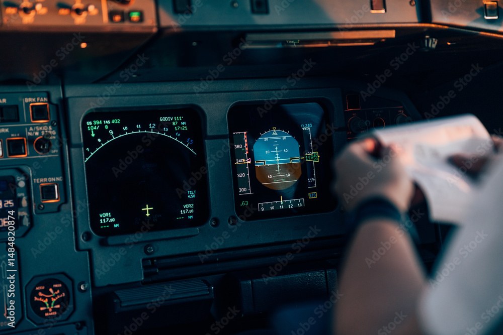 Aircraft navigation screens and pilot with checklist in cockpit Stock ...