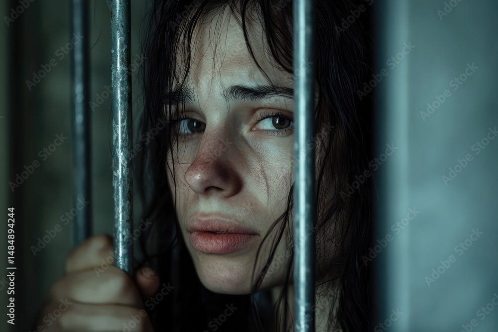 Female inmate behind prison bars in despair Stock Photo | Adobe Stock