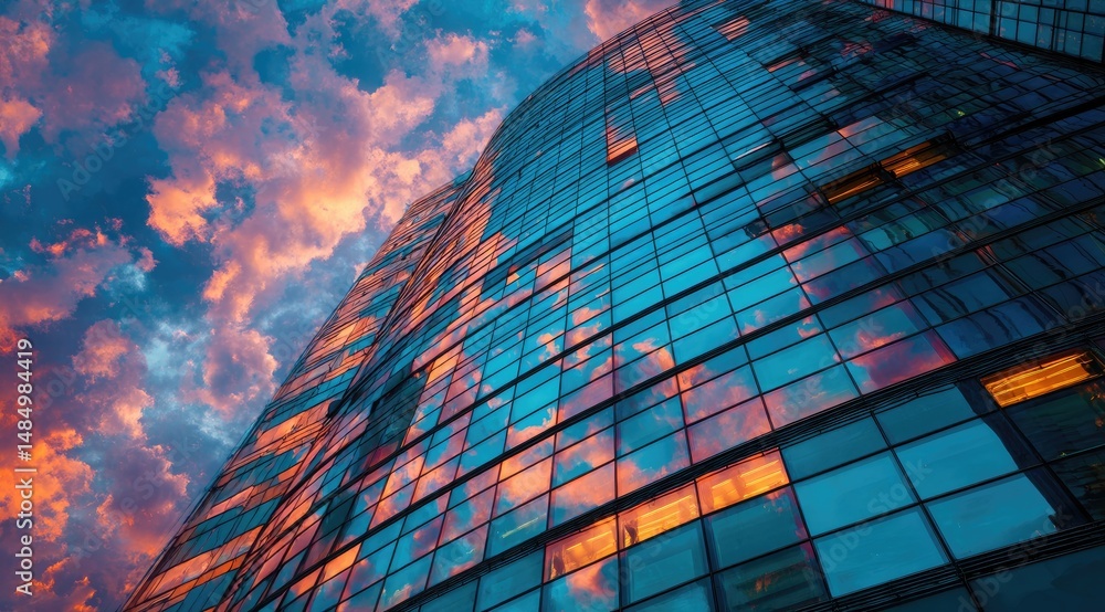 Modern skyscraper reflecting vibrant sunset clouds Stock Photo | Adobe ...