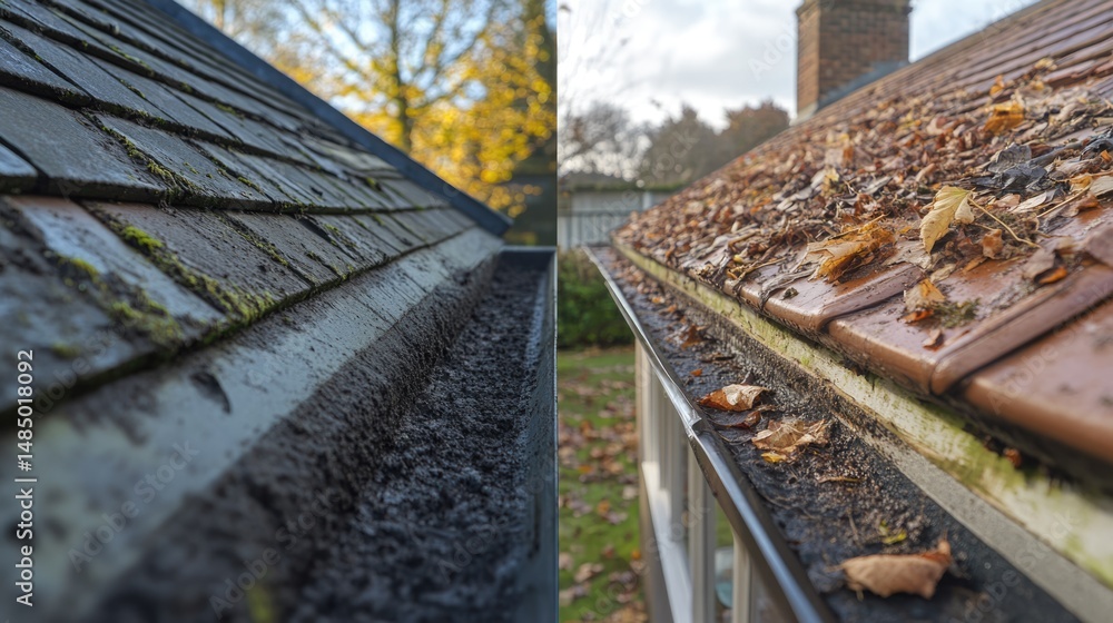 Before & After: Guttering Cleaning - Dirty vs. Clean Roof Stock Photo ...