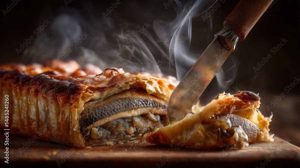 Eel Festival. Close-up of traditional eel pie being sliced, steam ...