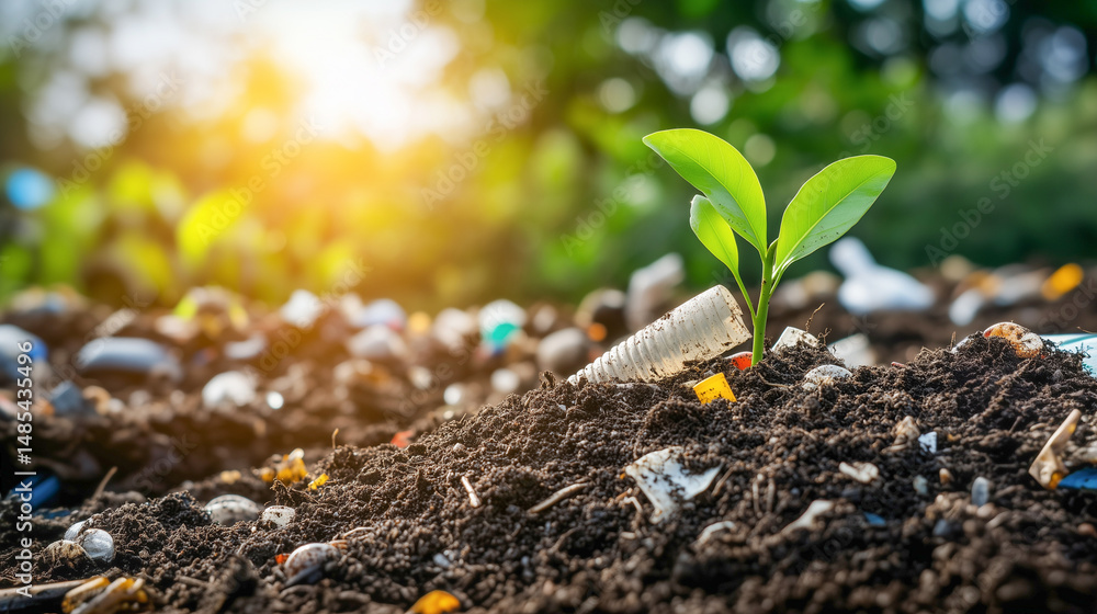 Small plant growing from plastic waste in fertile soil, concept of ...