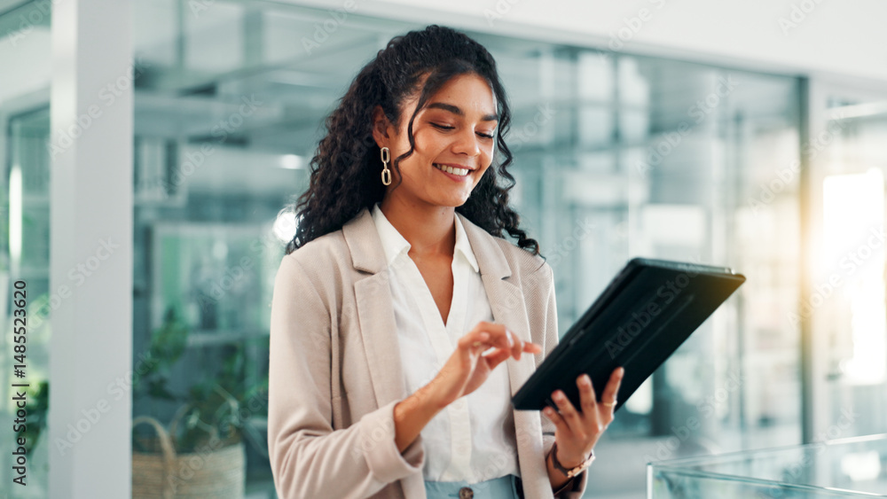 App, smile and tablet with business woman in office for information ...