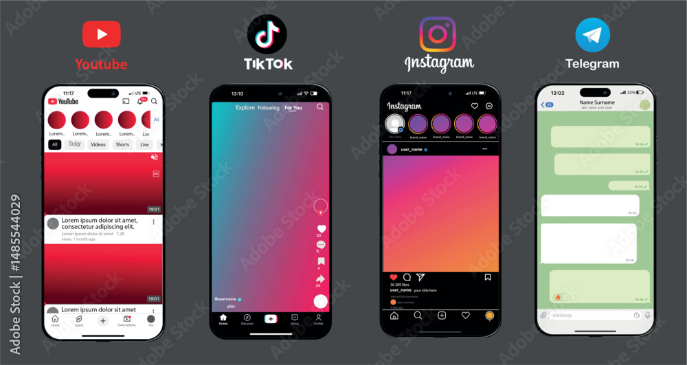 Mockup – Instagram post layout, YouTube Shorts video frame, TikTok video interface, and Telegram ...