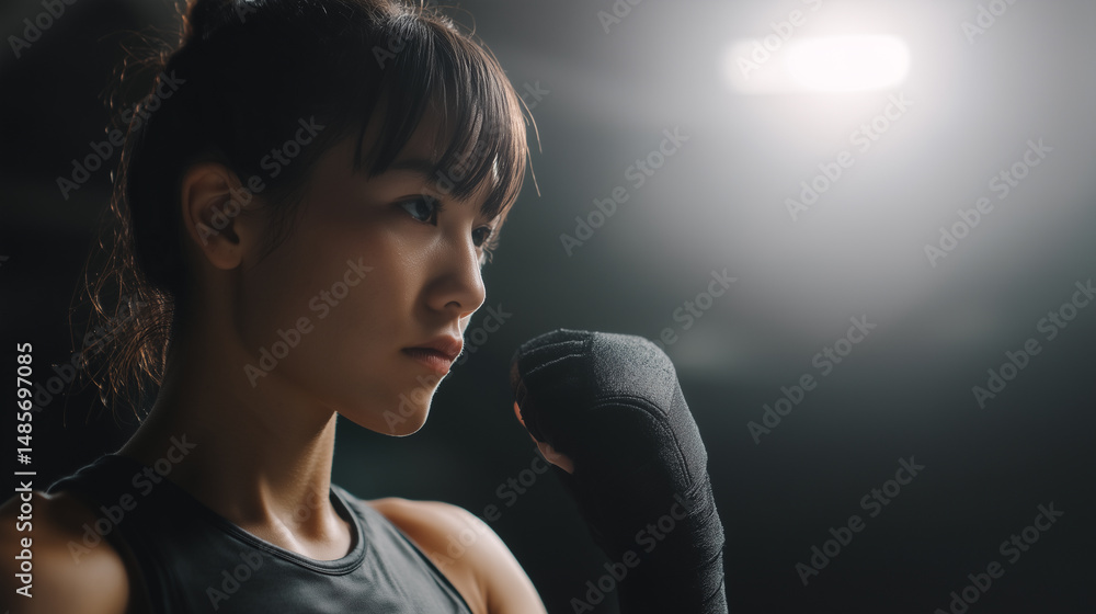 Focused Japanese female athlete in kickboxing stance, determined ...