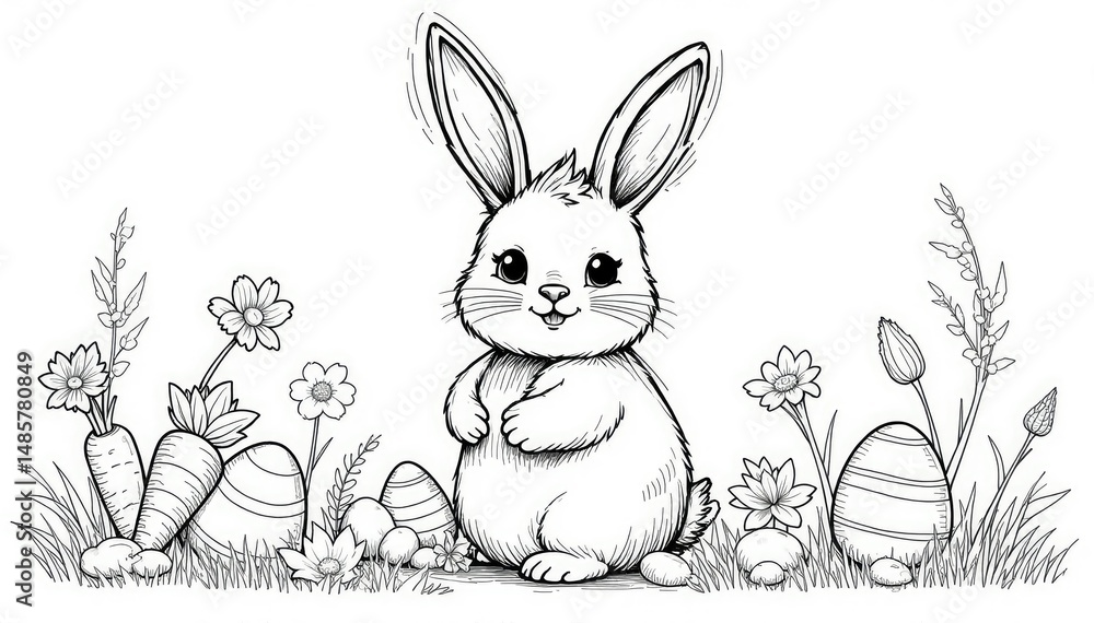 Adorable Easter bunny coloring page featuring carrots, eggs, and spring ...