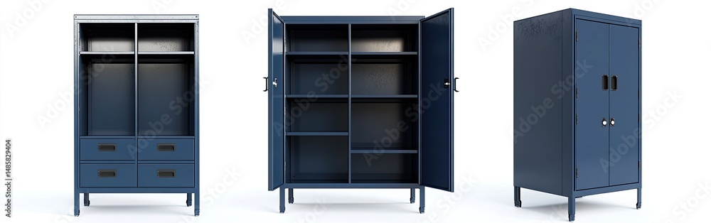 Three views of a navy blue, multi-compartment storage cabinet with open ...