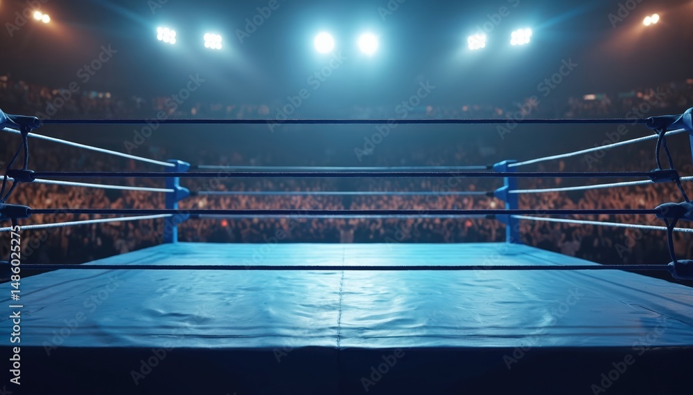 Empty wrestling ring under bright stadium lights with cheering crowd in ...