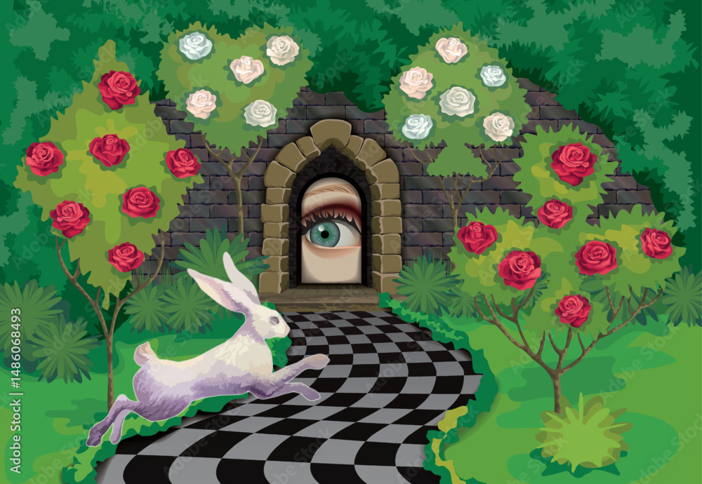 A magical fairy-tale park. A garden with trimmed trees. A running white ...