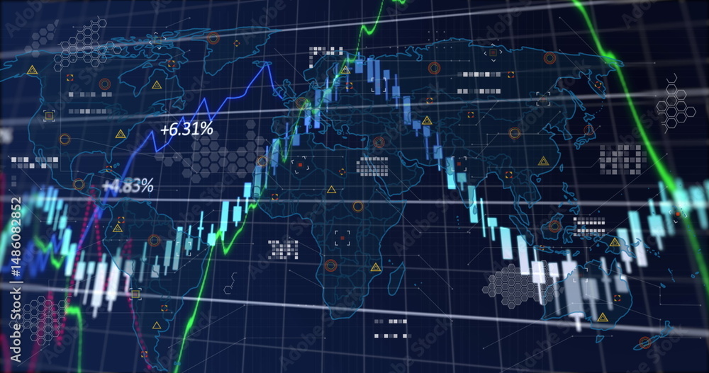 Displaying candlestick chart tracing trend lines in digital trading dashboard, with map overlay ...
