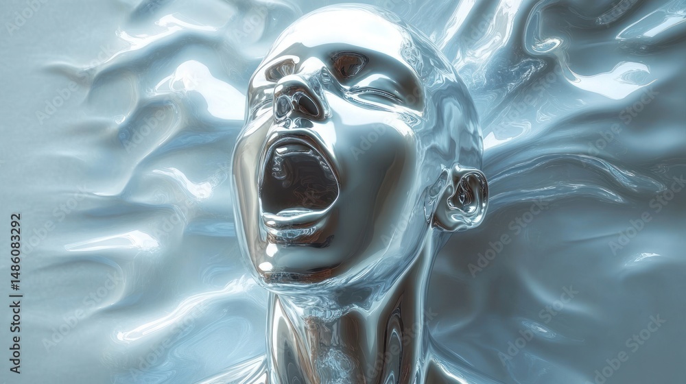 Shiny chrome humanoid figure with mouth open in an expressive scream ...
