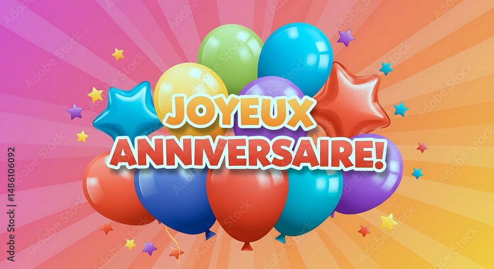Colorful balloons and stars surround "Joyeux Anniversaire" for a ...