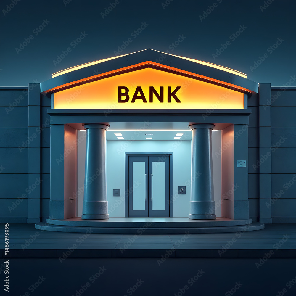 Bank with neoclassical columns and bold roof in moody lighting for ...