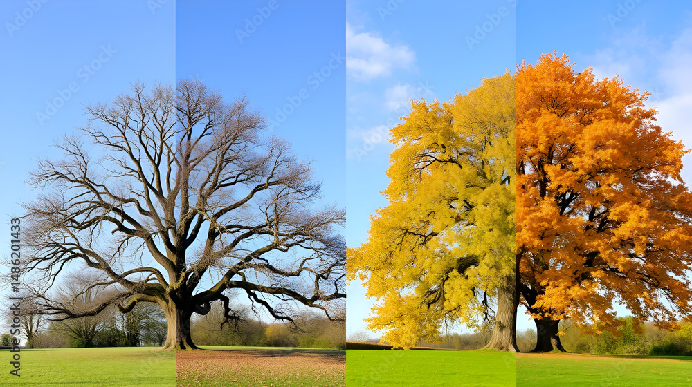 Seasonal oak tree transformation: bare winter, budding spring, vibrant ...