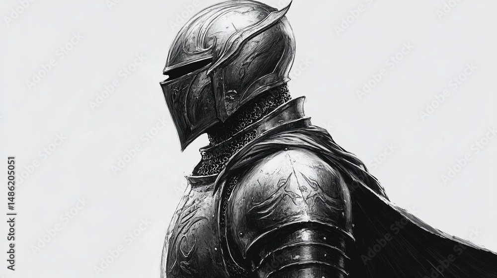 Armored warrior, side profile, steel helmet, detailed plate and ...