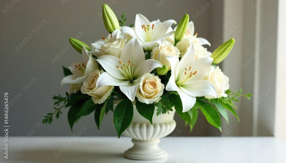 Elegant white lilies and roses funeral arrangement in a classic urn ...