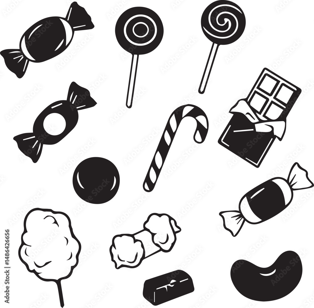 Collection of Black and White Candy Icons Lollipops Chocolates Candies ...