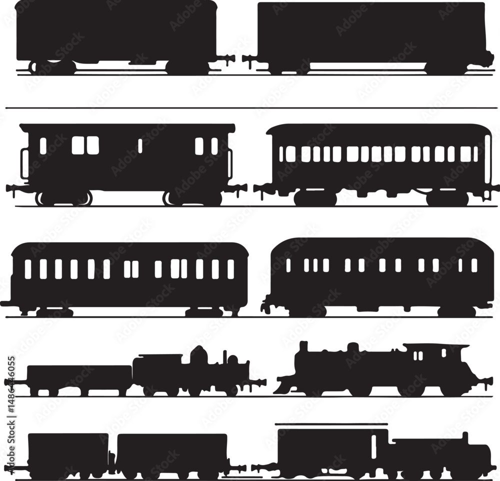 Train Car Silhouettes: Vector Illustration of Various Train Types Stock ...