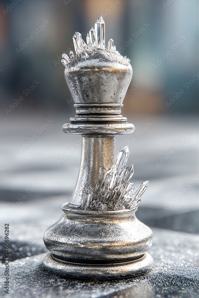 metallic silver bishop chess piece with frozen ice spikes emerging from ...