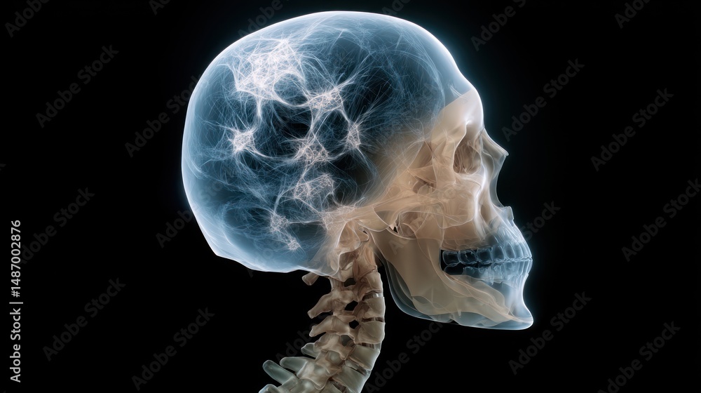 X-ray imaging of human skull and spine medical science educational content dark background side ...