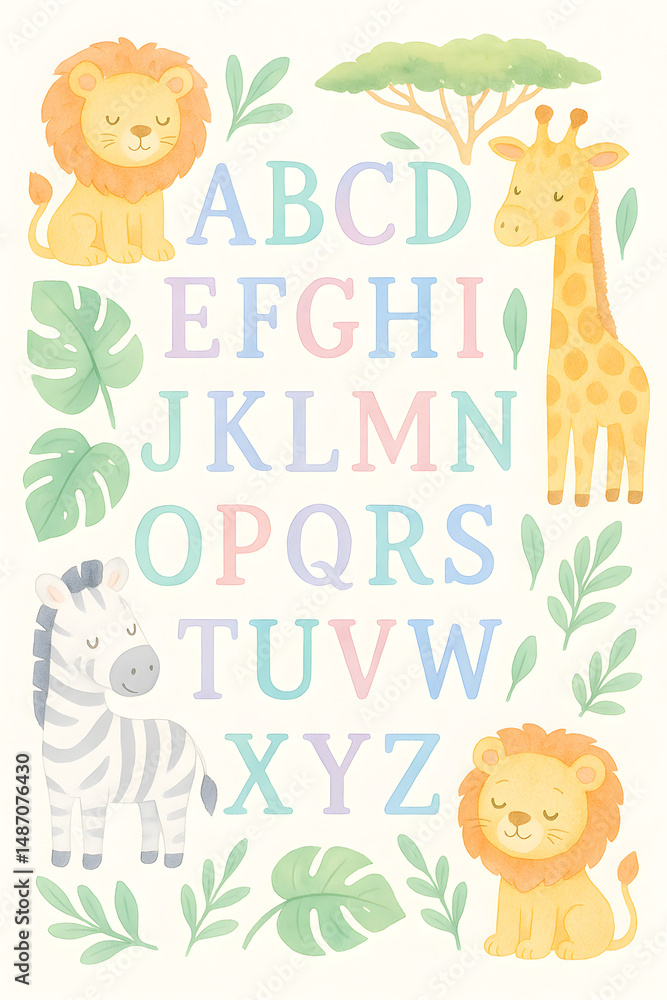 Ilustracja bez tantiem: Watercolor alphabet chart with pastel safari ...