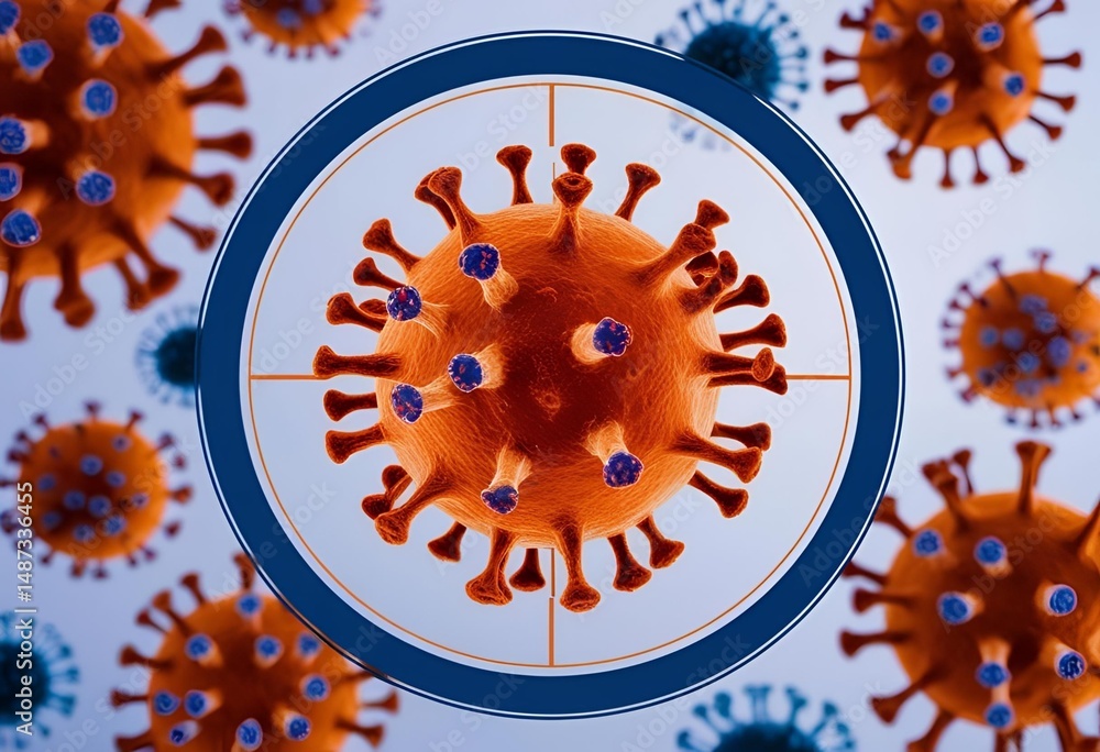 Microscopic close-up of a virus structure showing detailed surface proteins and viral particles ...