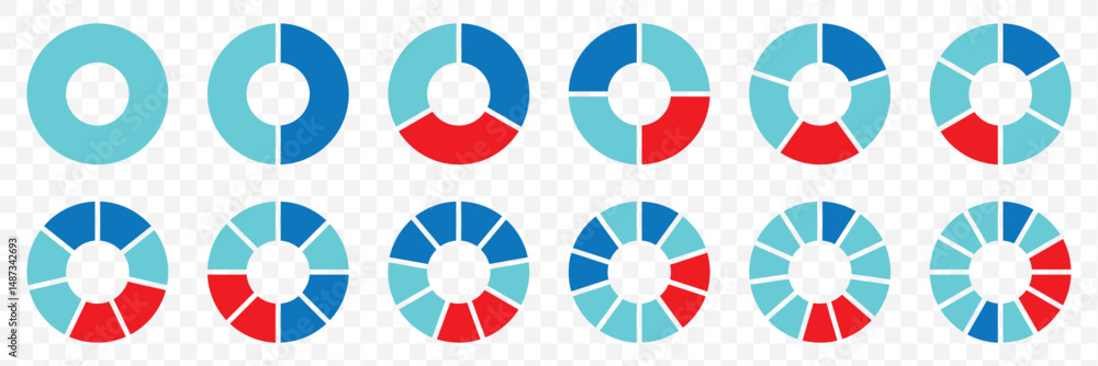 Stock-Vektorgrafik „Pie chart set, segmented circle icons, circle diagram. Pie chart divided 1,2 ...