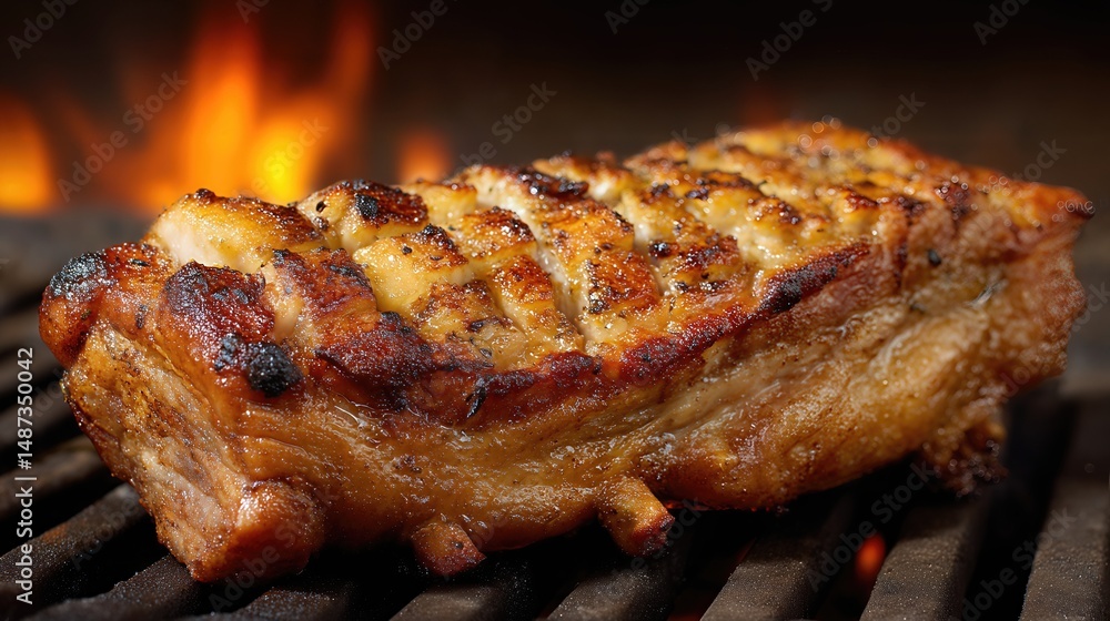 Roasted pork sizzles on the grill, its golden-brown skin crisp and ...