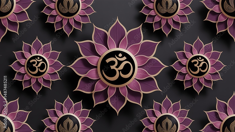 Elegant Purple Lotus Flowers with Om Symbol Pattern Stock Illustration ...