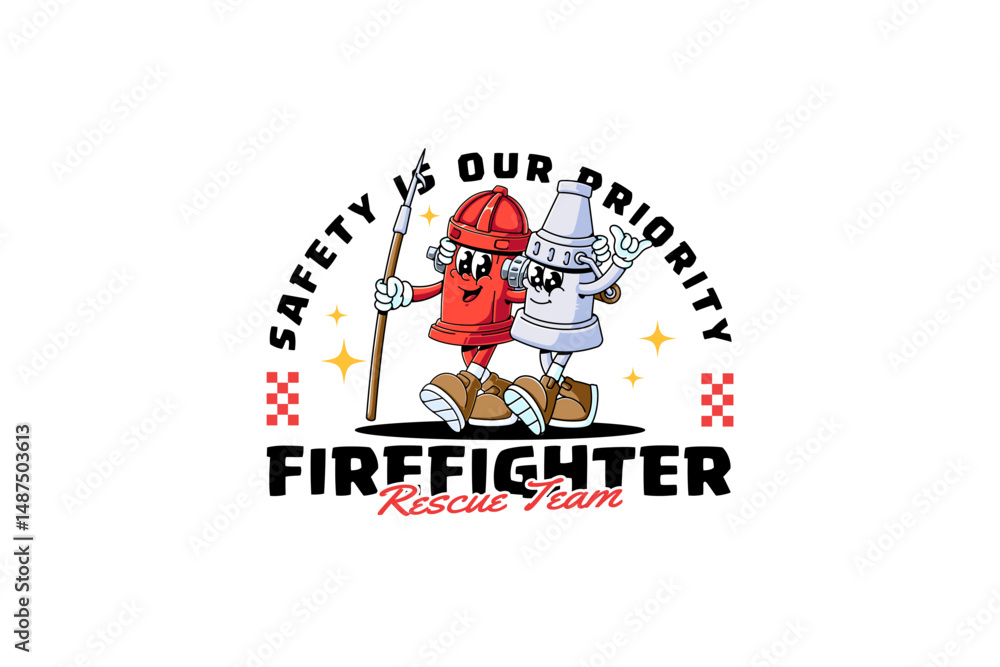 hydrant pillar and fire hose nozzle retro cartoon character mascot ...