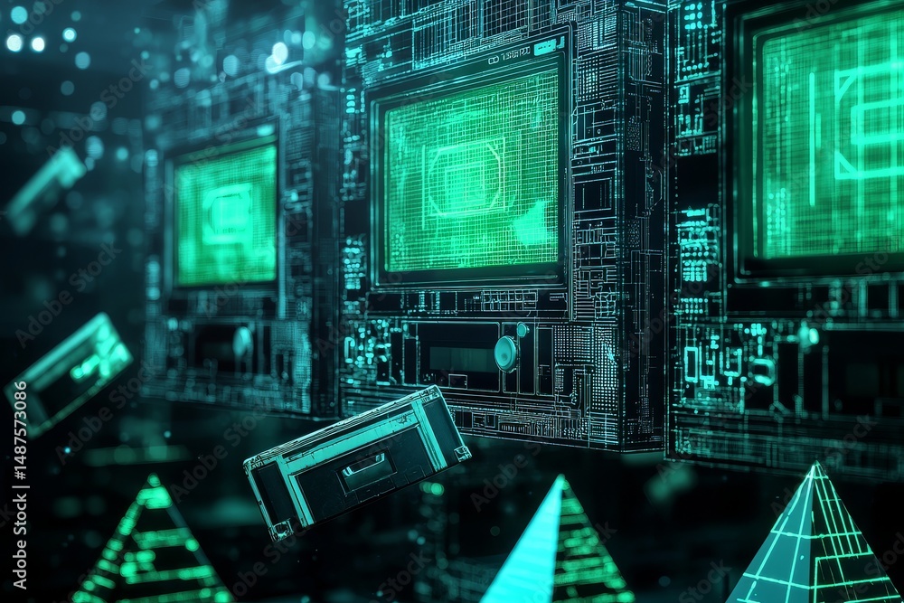 CRT monitor matrix with floating cassette tapes, green phosphor glow ...