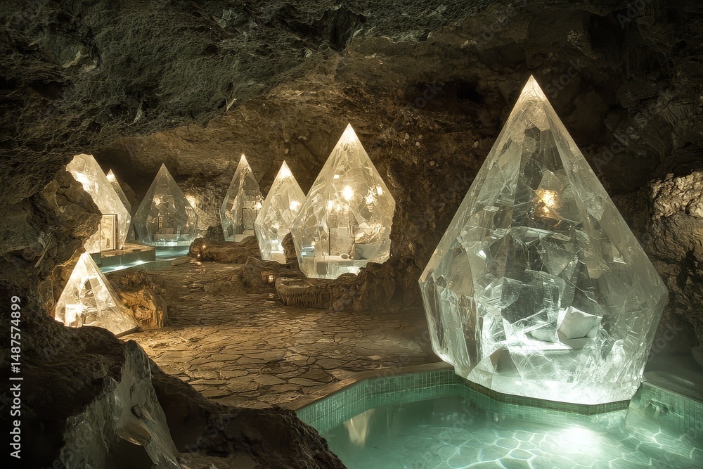 Crystalline cave resort with faceted quartz suites, underground hot ...