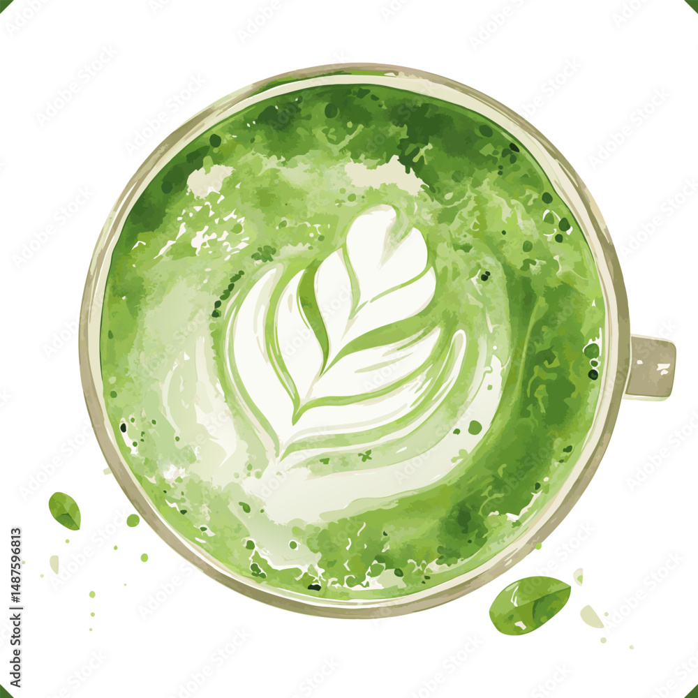 Top view of green matcha latte with leaf art in foam, watercolor style ...