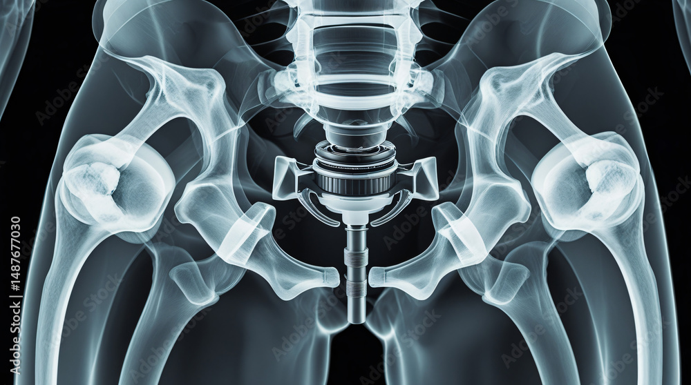 Fotografie Hip Replacement X-ray - Black-and-white X-ray of a pelvis ...