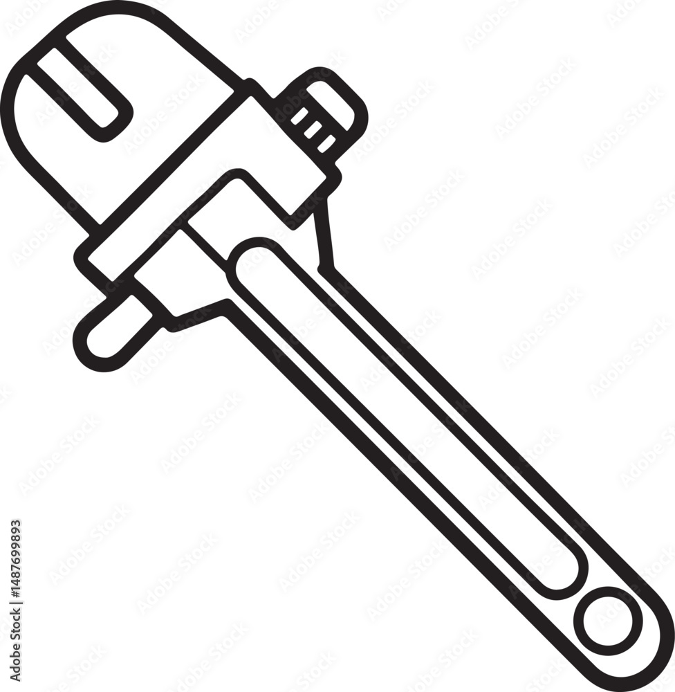 industrial pipe wrench line art, black outline, vector and illustration ...